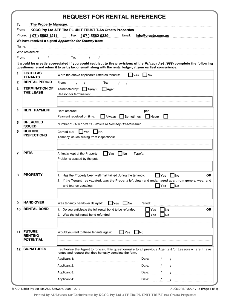 Fillable Online REQUEST FOR RENTAL REFERENCE Fax Email Print - pdfFiller