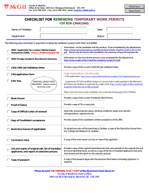 Fillable Online mcgill Checklist for renewing temporary work permits ...