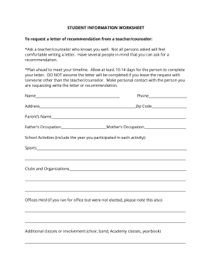 Fillable Online independence kernhigh STUDENT INFORMATION WORKSHEET ...