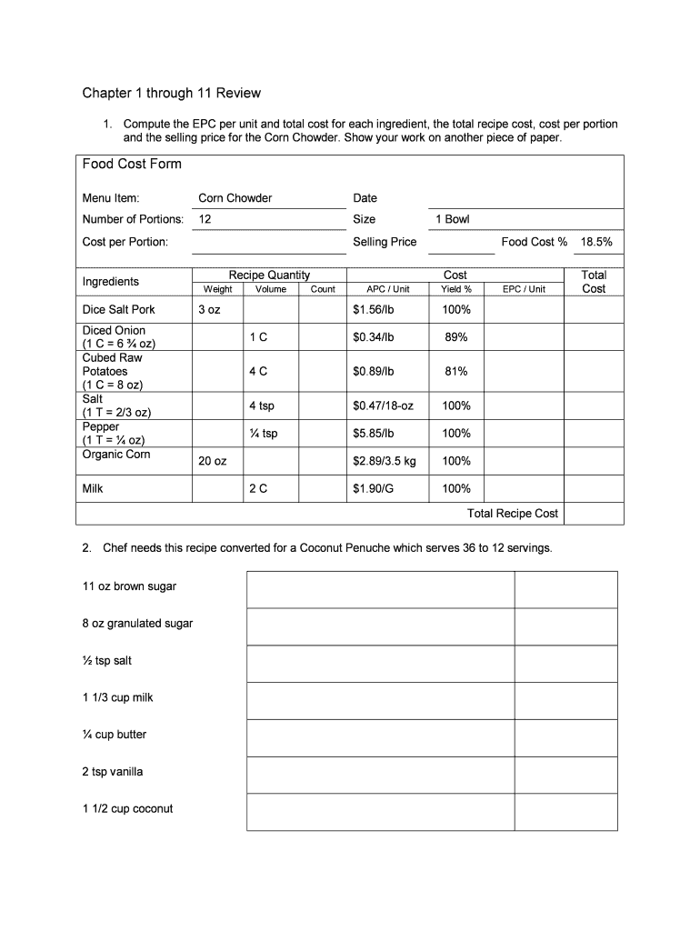 Fillable Online Chapter 1 through 11 Review Food Cost Form Fax Email ...