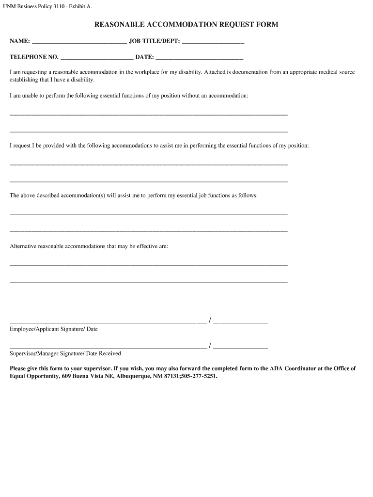 Fillable Online policy unm REASONABLE ACCOMMODATION REQUEST FORM NAME ...