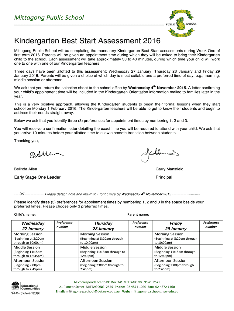 Fillable Online mittagong-p schools nsw edu Kindergarten Best Start ...