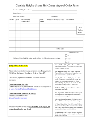Fillable Online Glendale Heights Sports Hub Dance Apparel Order Form ...