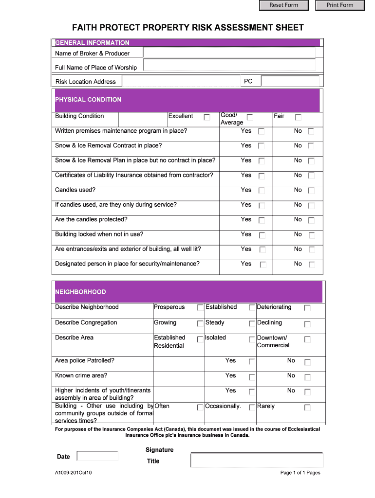 Fillable Online ecclesiastical FAITH PROTECT PROPERTY RISK ASSESSMENT ...