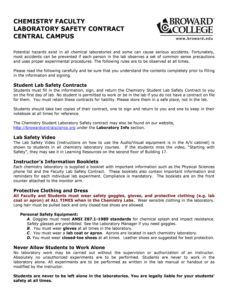 Fillable Online browardcentralscience Chemistry Faculty Laboratory ...