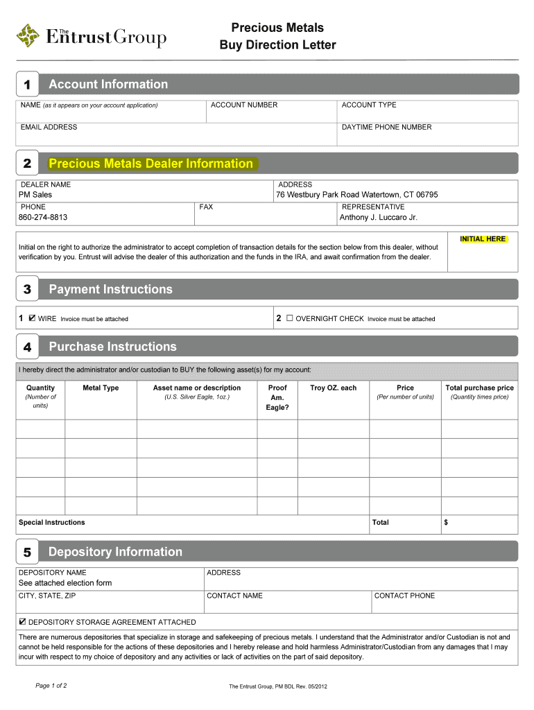 Fillable Online Precious Metals Buy Direction Letter Account ...