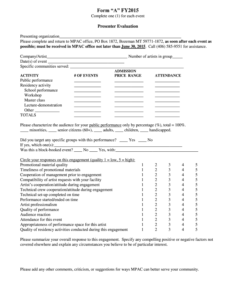 Fillable Online mtperformingarts Presenter Evaluation ...