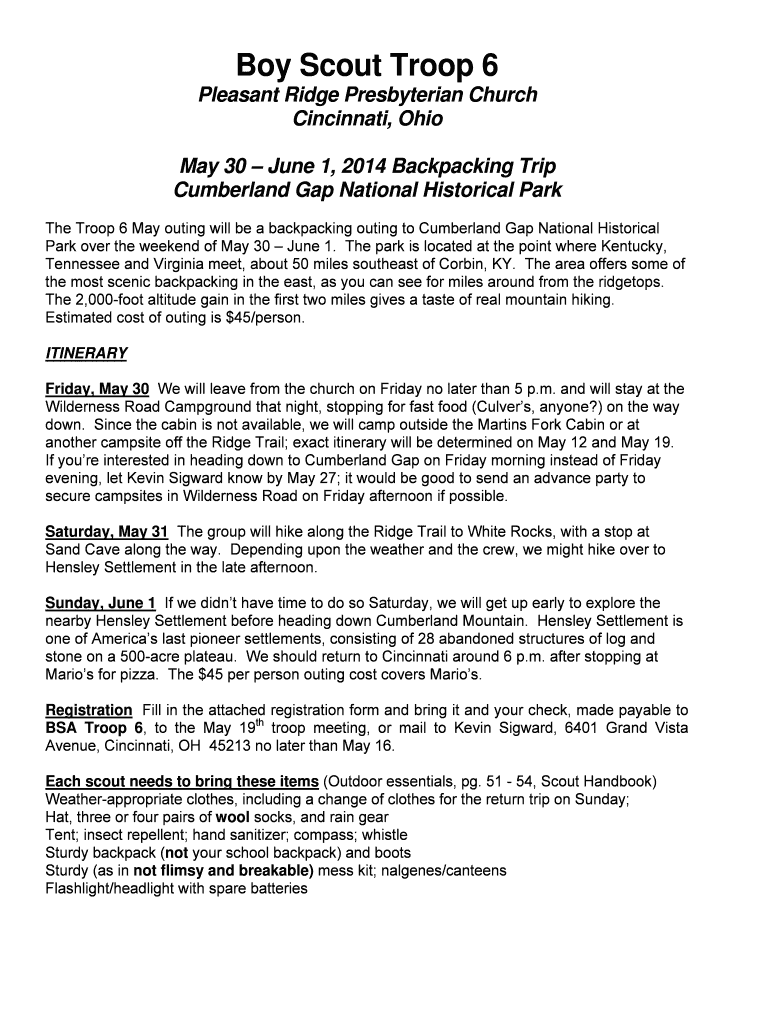 Fillable Online bsa-troop6 The Troop 6 May outing will be a backpacking ...