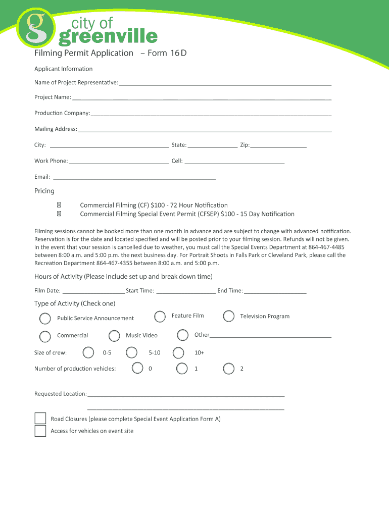 Fillable Online Filming Permit Application Form 16D - CivicPlus Fax ...