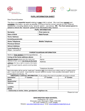 Fillable Online shevingtonhigh org PUPIL INFORMATION SHEET - Shevington ...