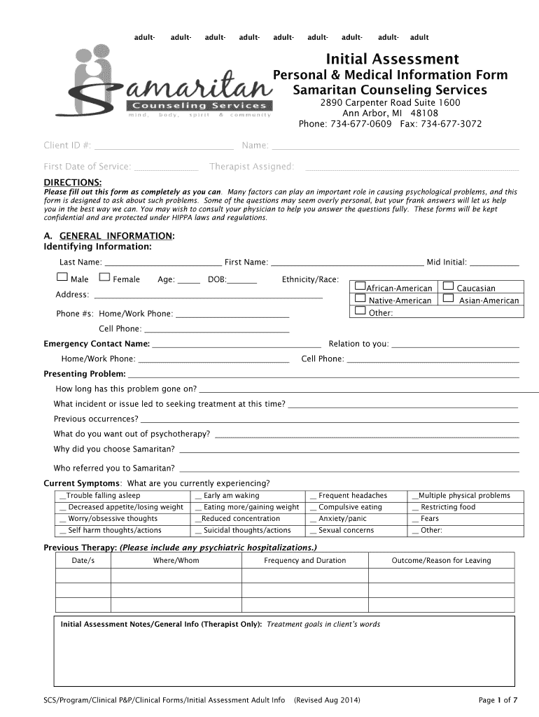 Fillable Online Initial Assessment - Samaritan Counseling Services Fax ...