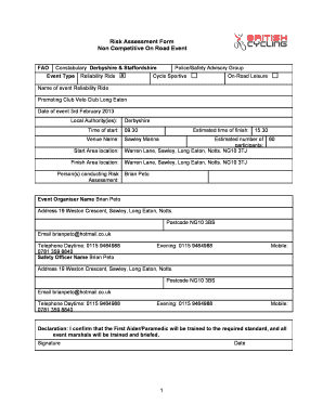 Fillable Online Risk Assessment Form Non Competitive On Road Event Fax ...