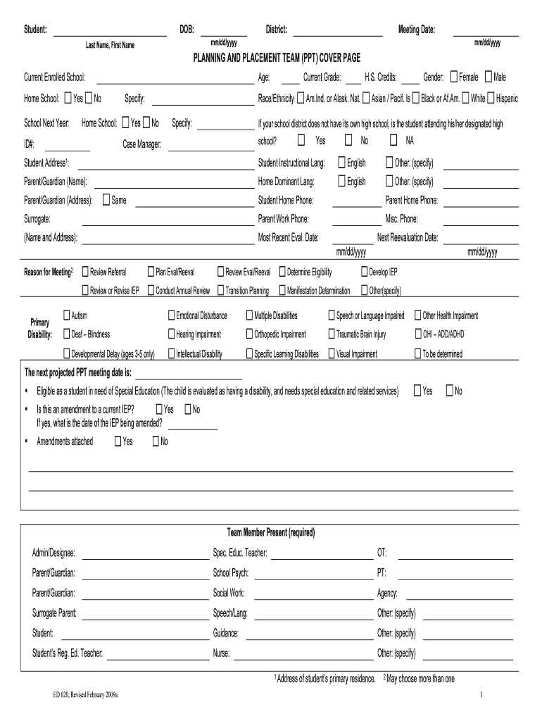 Fillable Online Planning and Placement Team Packet: Includes IEP ...