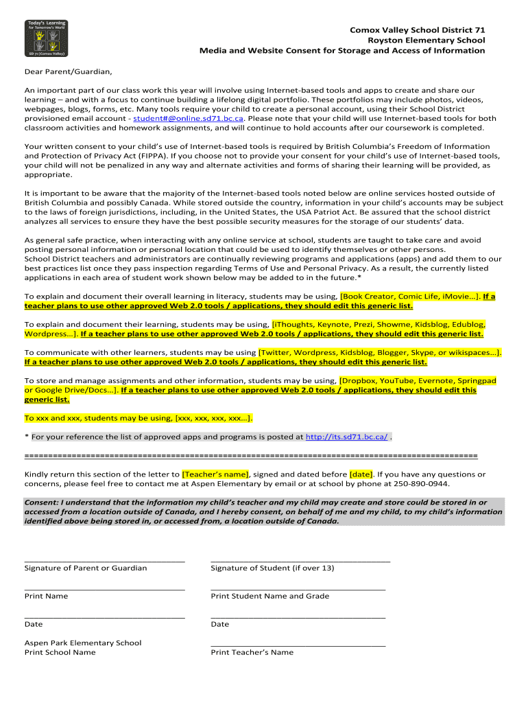 Fillable Online Comox Valley School District 71 Royston Elementary ...