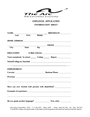 Fillable Online wacoarc EMPLOYEE APPLICATION INFORMATION SHEET Fax ...
