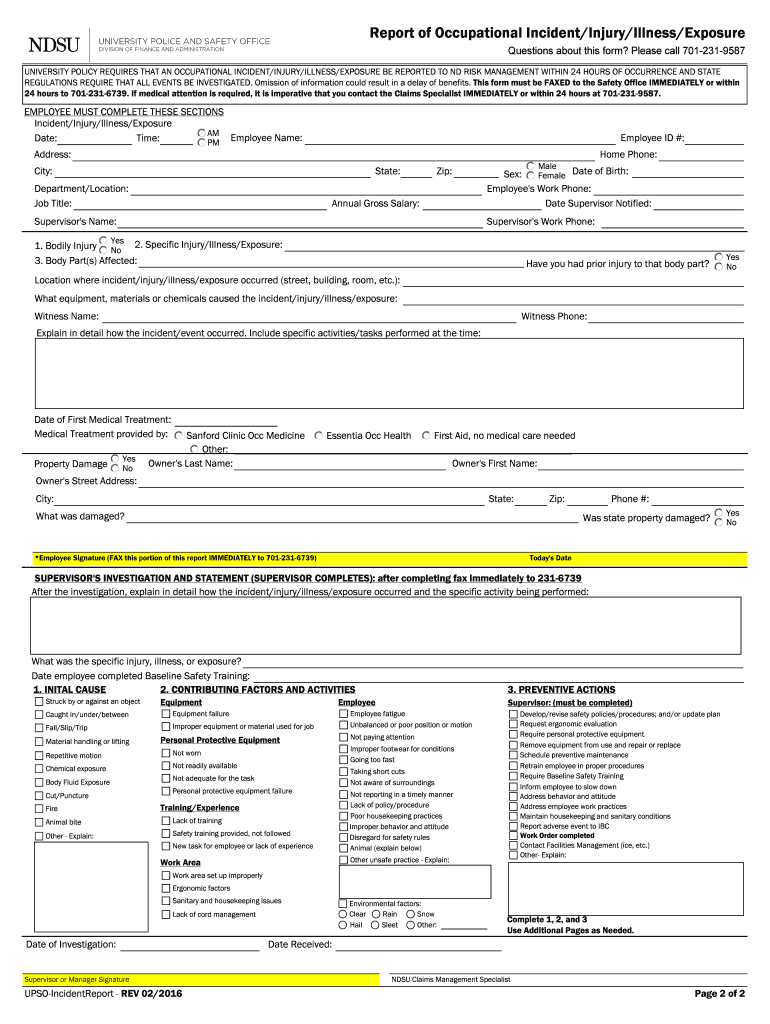 Fillable Online ndsu Report of Occupational IncidentInjuryIllnessExposure Fax Email Print ...