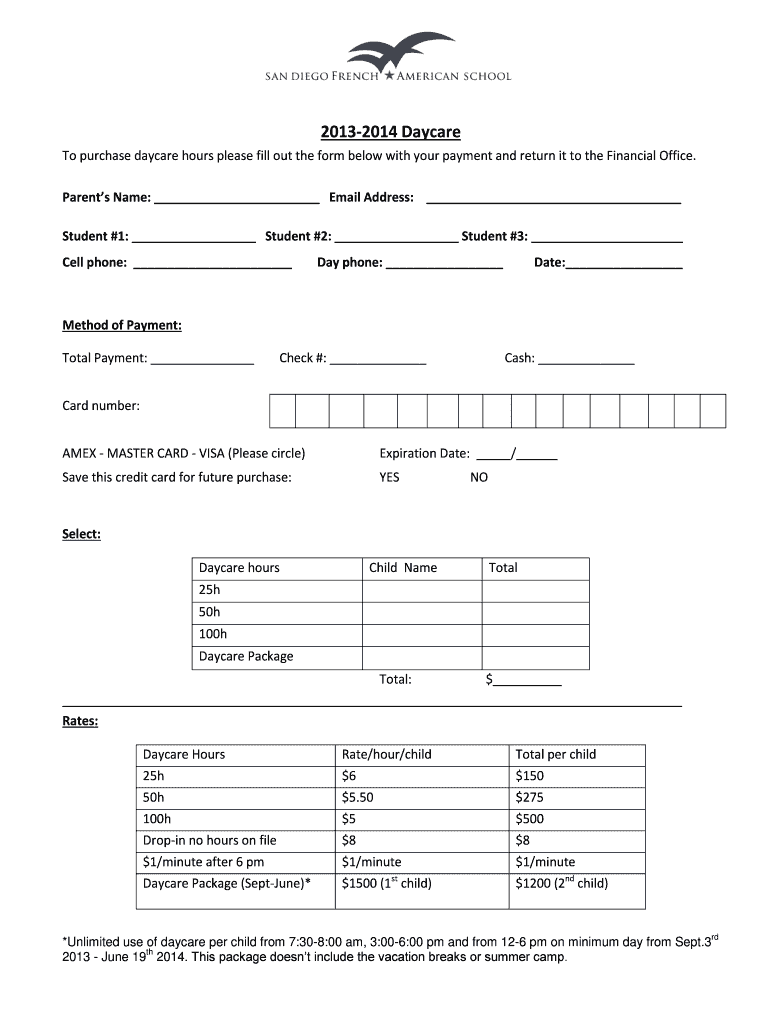 Fillable Online sdfrenchschool 2013-2014 Daycare - SDFAS ...