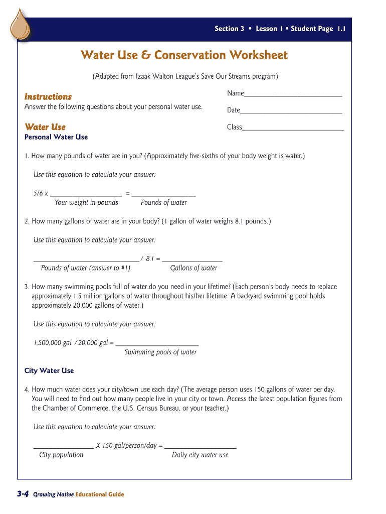 Fillable Online growingnative Water Use amp Conservation Worksheet ...