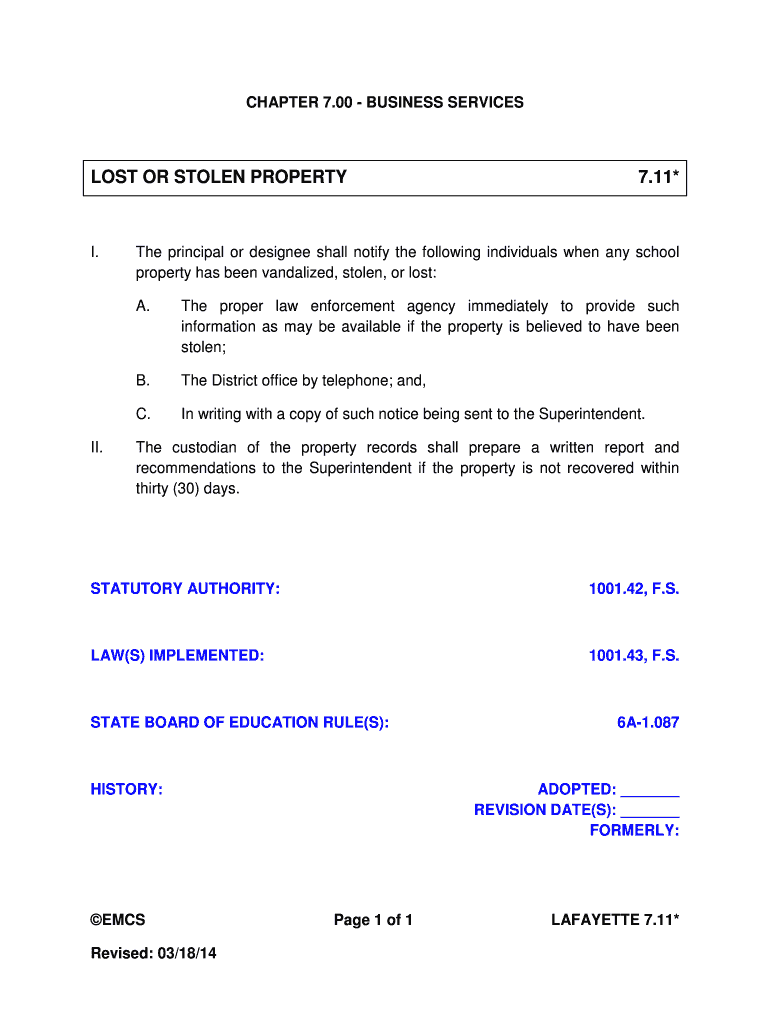 Fillable Online LOST OR STOLEN PROPERTY 711 - SchoolDesk Fax Email ...