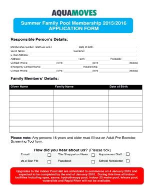 Fillable Online Summer Family Pool Membership 20152016 APPLICATION FORM ...