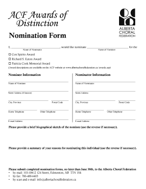Fillable Online albertachoralfederation ACF Awards of Distinction ...