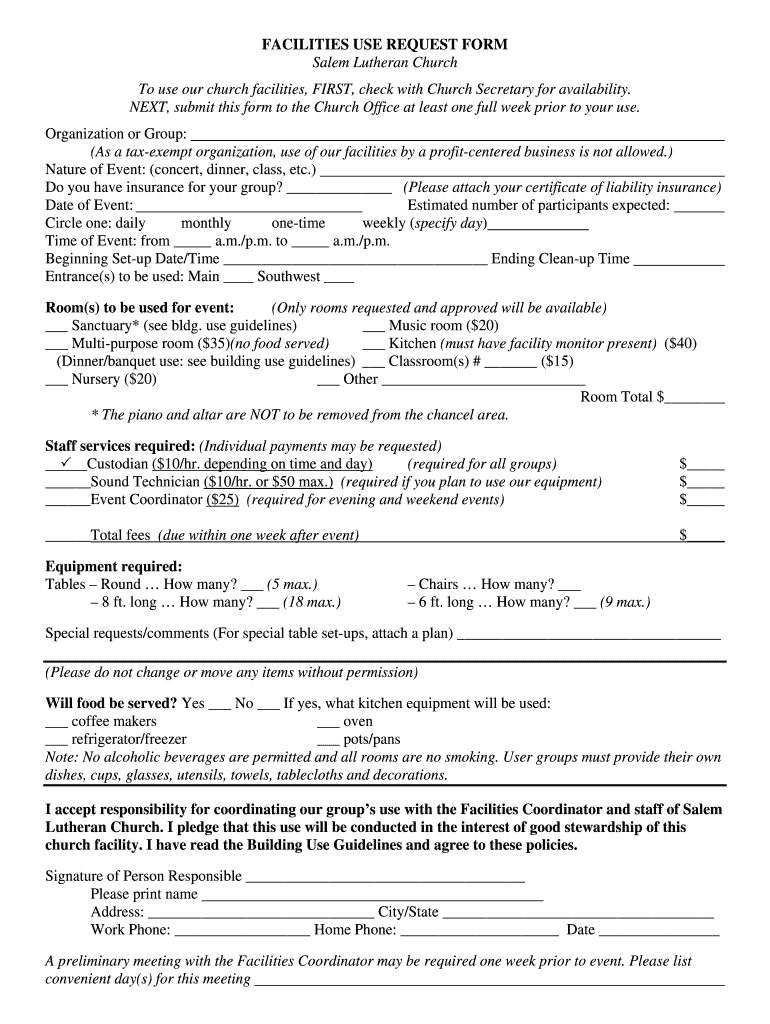 Fillable Online FACILITIES USE REQUEST FORM - Salem Lutheran Church ...