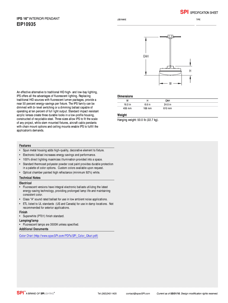 Fillable Online SPI SPECIFICATION SHEET IPS 16 " Fax Email Print ...