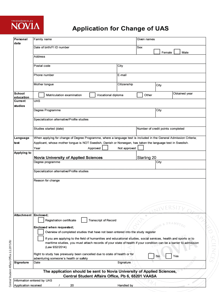 Fillable Online novia Application for Change of UAS - Novia Fax Email ...