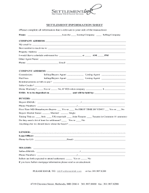 Fillable Online SETTLEMENT INFORMATION SHEET Fax Email Print - pdfFiller