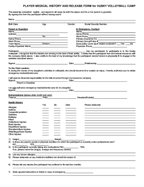 Fillable Online PLAYER MEDICAL HISTORY AND RELEASE FORM for HUSKY Fax ...