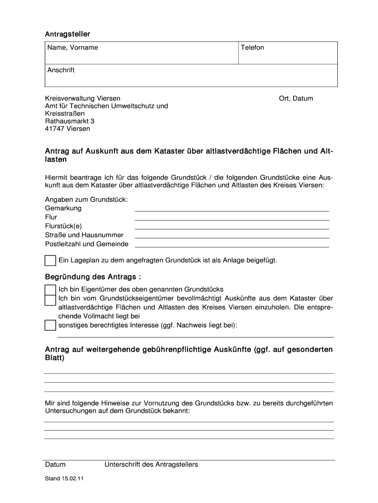 Ausfüllbar Online kreis-viersen Antrag auf Auskunft aus dem Kataster ber altlastverdchtige ...