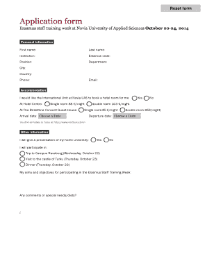 Fillable Online novia Reset form Application form Erasmus staff ...