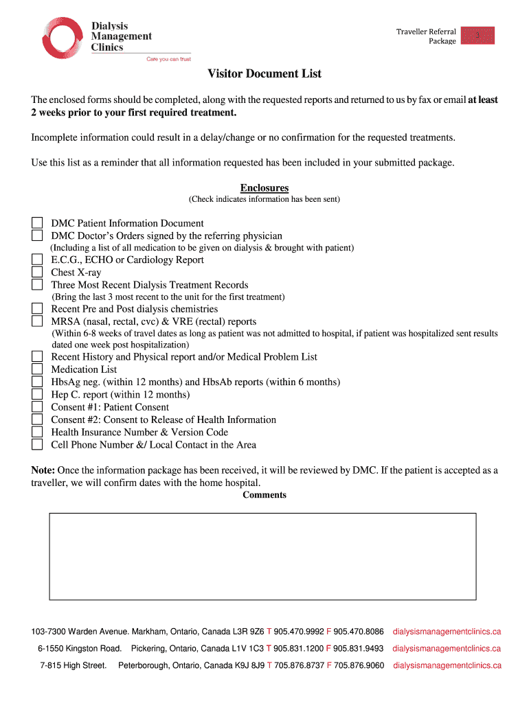 Fillable Online Traveller Referral Package - Dialysis Management ...