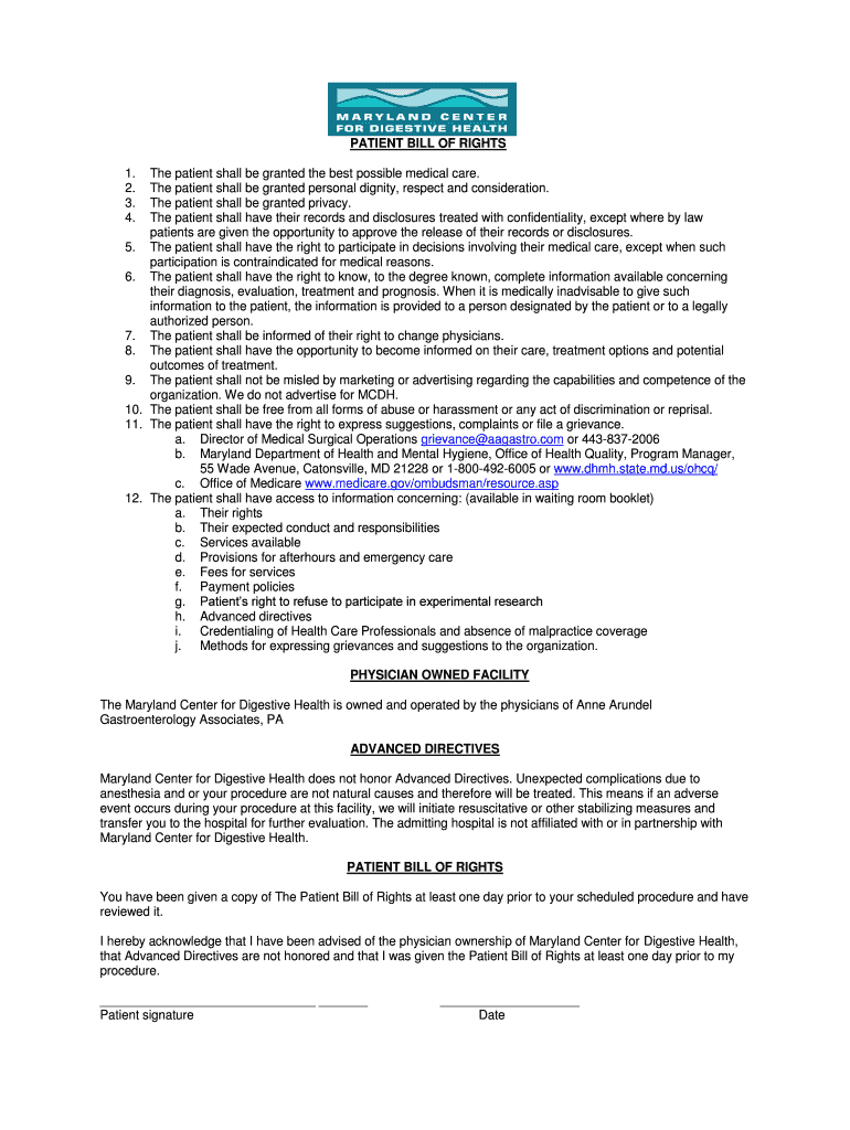 Fillable Online PATIENT BILL OF RIGHTS 1. The patient shall be granted ...
