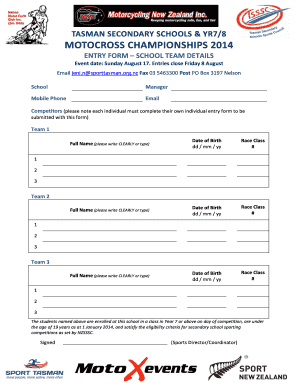 Fillable Online sporttasman org Motocross entry form 2014 Draft Fax ...