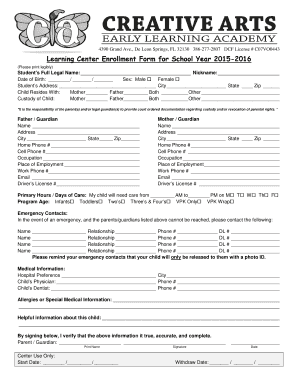 Fillable Online Learning Center Enrollment Form for School Year 2015 ...