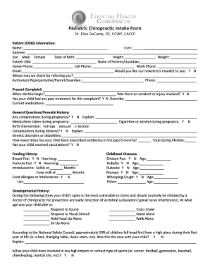 Fillable Online Pediatric Chiropractic Intake Form - Kirkland ...