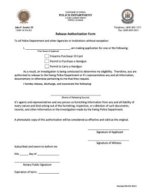 Fillable Online Release Authorization Form - Ewing Police Department ...