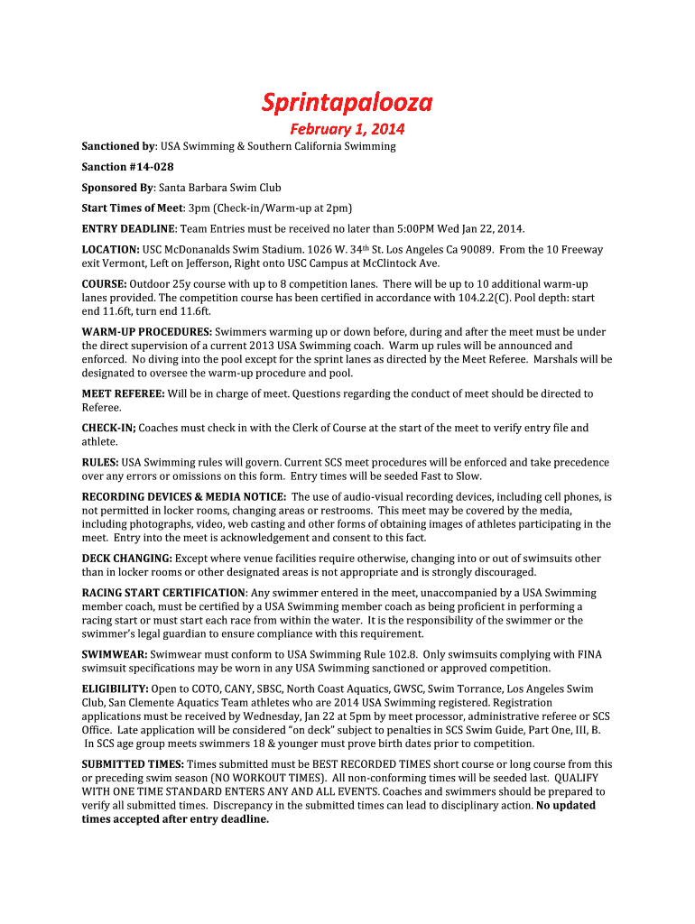 Fillable Online swimtorrance Sanctioned by USA Swimming & Southern California Swimming ...