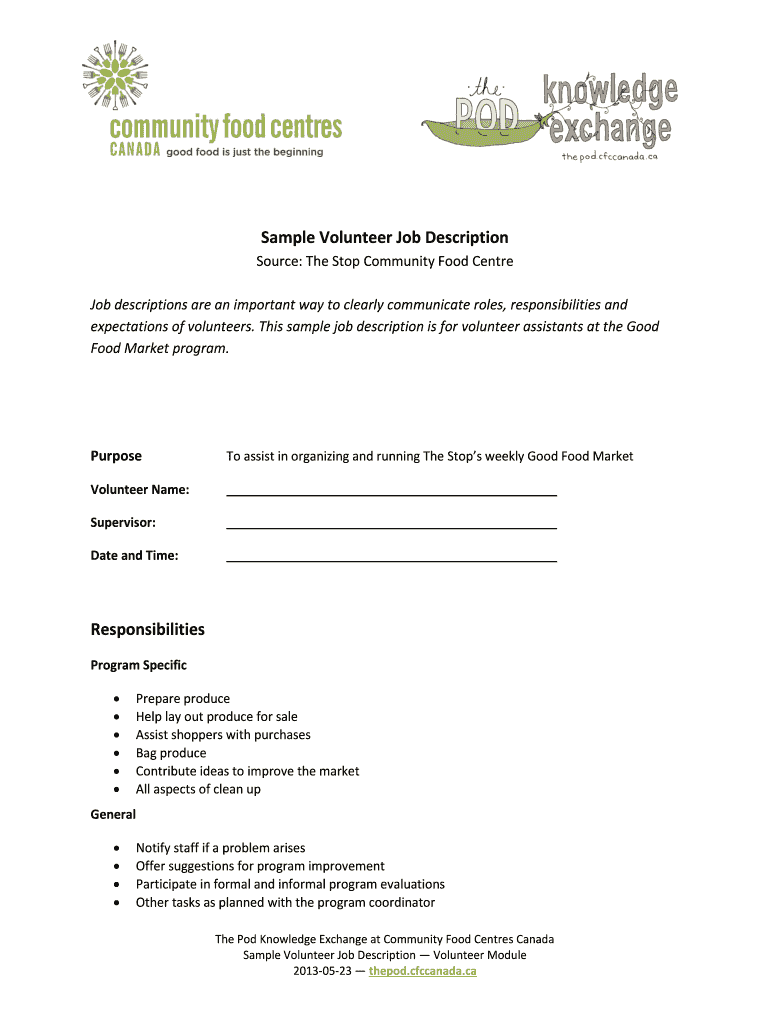 Fillable Online thepod cfccanada Sample Volunteer Job Description ...