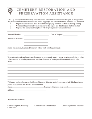 Fillable Online clayfamilysociety Cemetery restoration and preservation ...