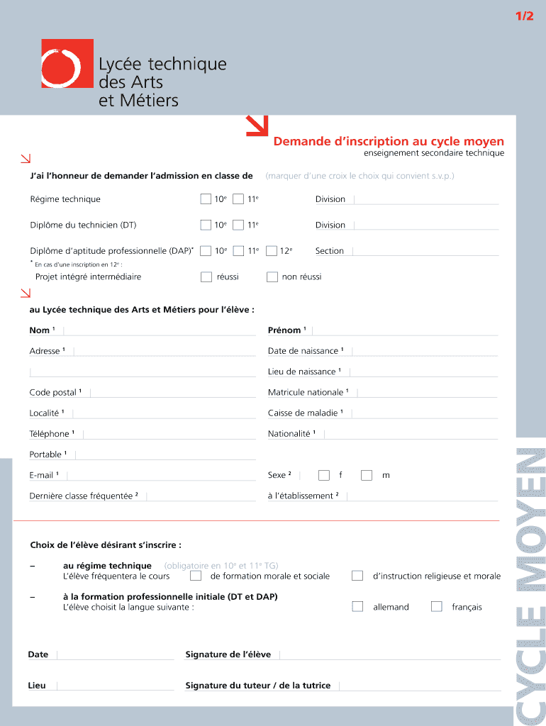 Remplissable En Ligne ltam Demande d'inscription au cycle moyen - Lyc e ...
