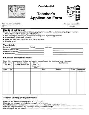 Fillable Online bedelsford kingston sch Teachers Application Form ...