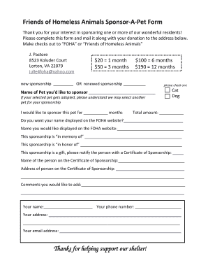 Fillable Online foha Of Homeless Animals Sponsor A Pet Form ...