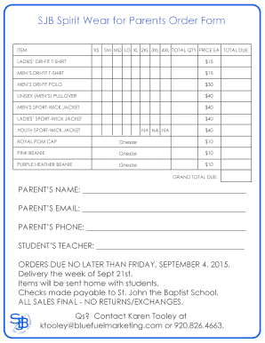 Fillable Online SJB Spirit Wear for Parents Order Form - St John the ...