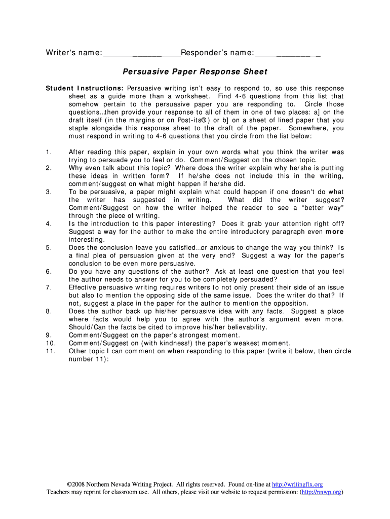Fillable Online Persuasive Paper Response Sheet - WritingFix Fax Email ...