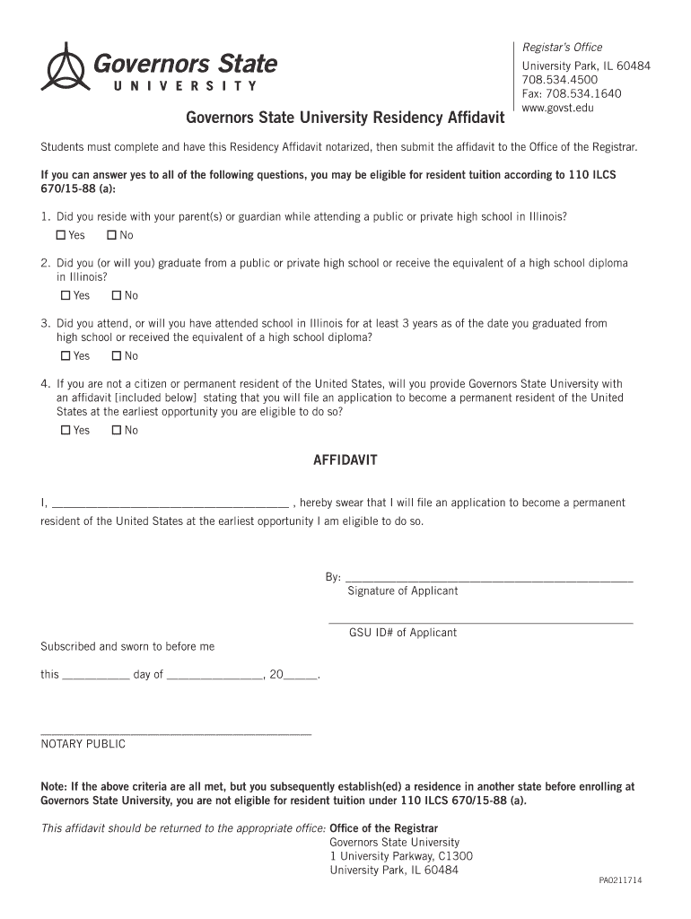 Fillable Online govst Residency bAffidavitb form - Governors State ...