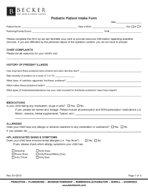 Fillable Online Pediatric Patient Intake Form - Becker ENT Fax Email ...