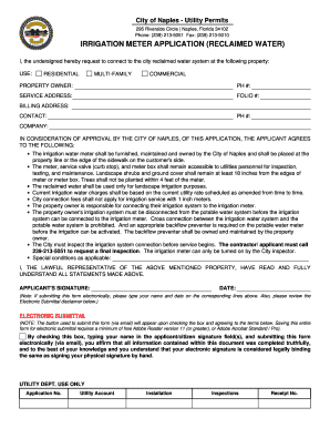 Fillable Online IRRIGATION METER APPLICATION RECLAIMED WATER Fax Email ...