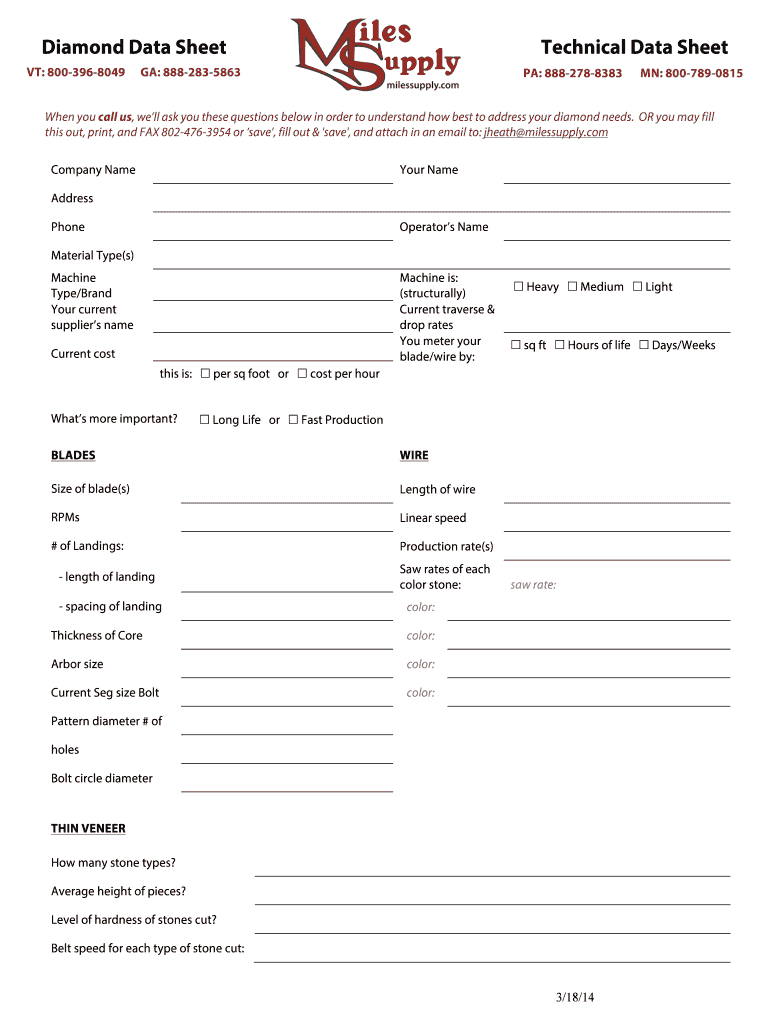 Fillable Online Diamond Data Sheet Technical Data Sheet - Miles Supply ...